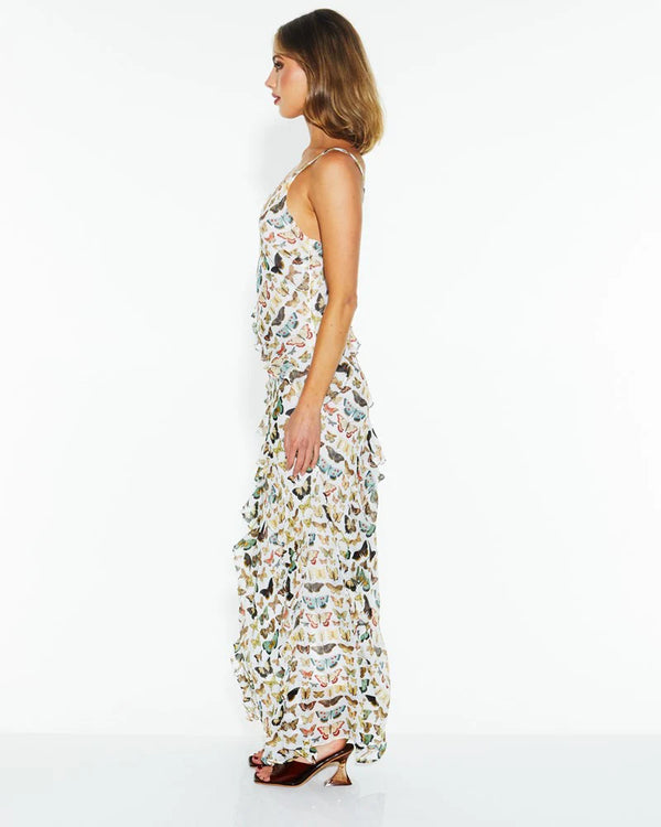 FATE & BECKER TAKING FLIGHT RUFFLE DRESS - WHITE BUTTERFLY - La Diva Waihi